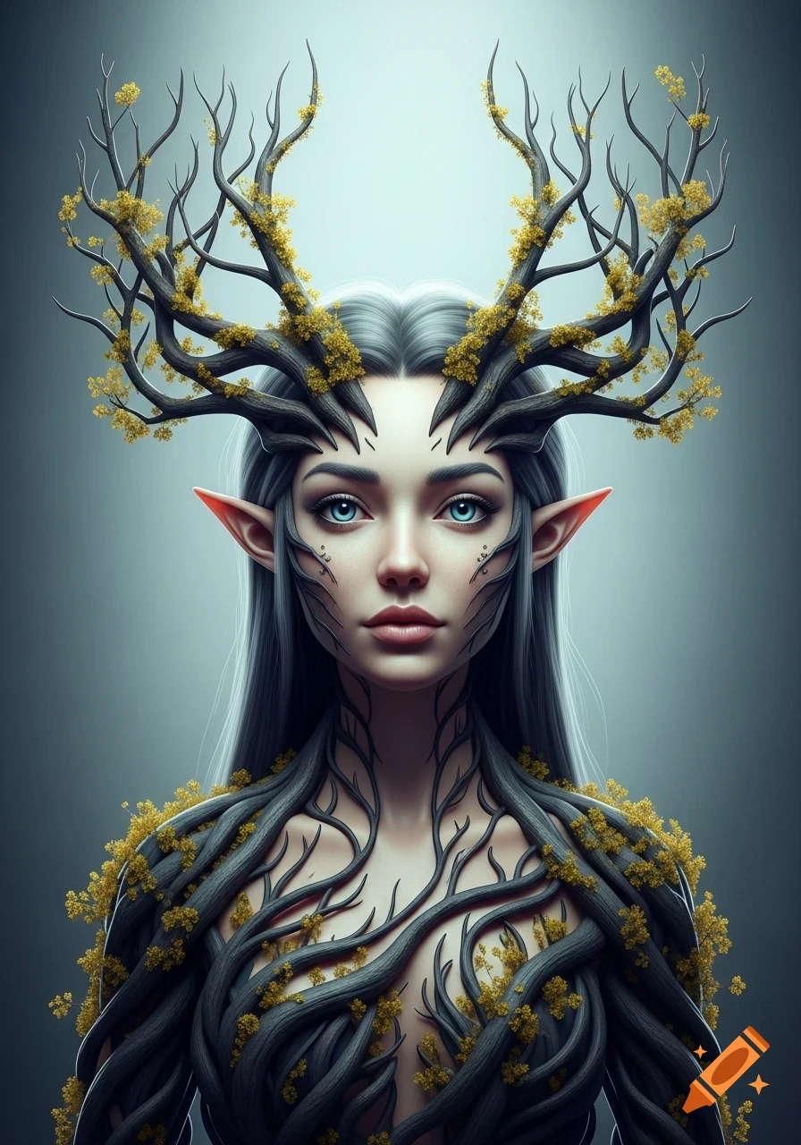 Detailed portrait of a fantasy woman with light blue eyes, pointed ears ...