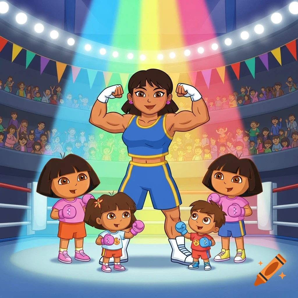 Dora's muscular Mami flexes in a boxing ring with Dora, her sister, and ...