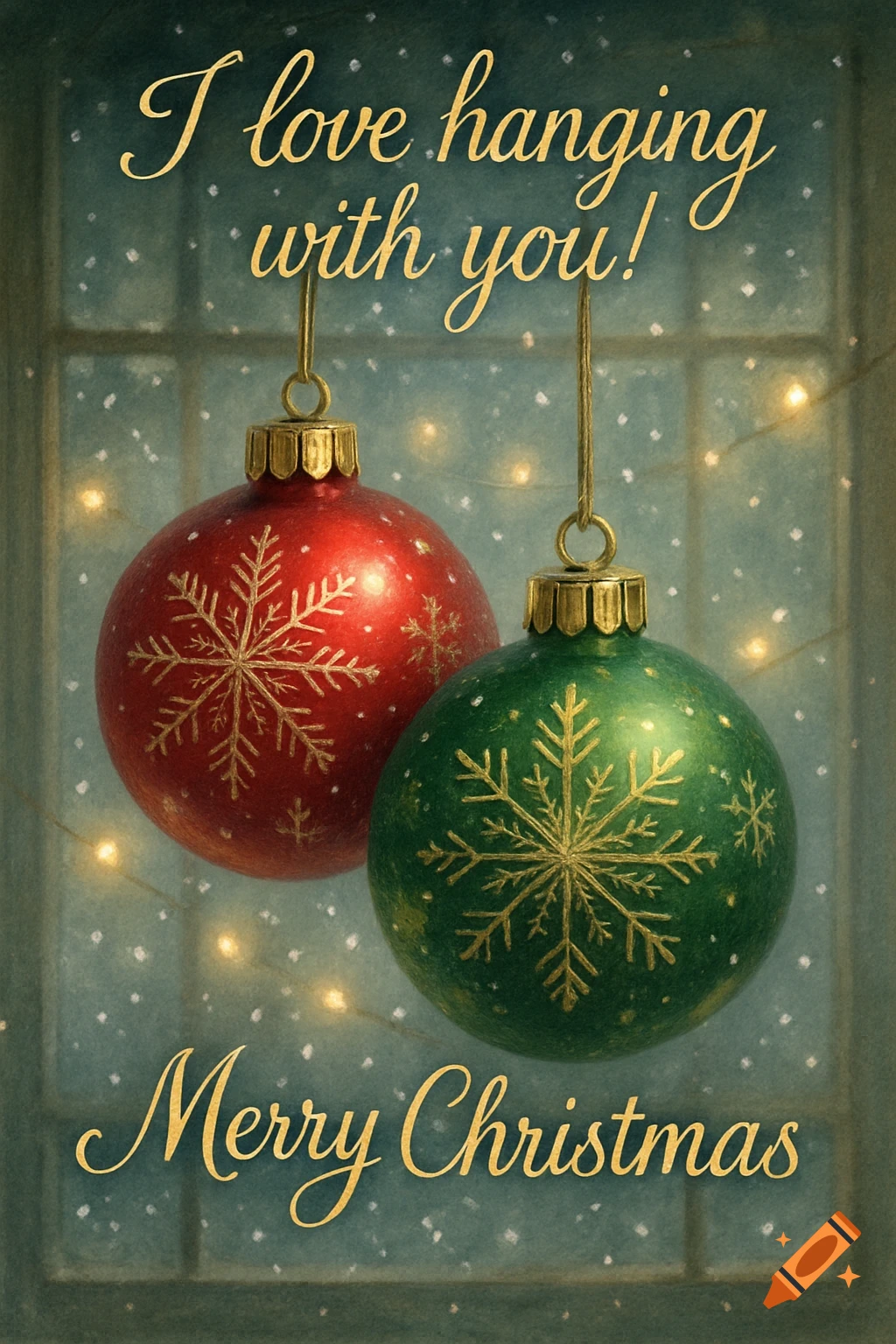 A festive illustration of red and green Christmas ornaments with ...