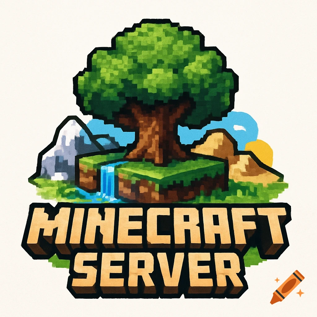 A pixel art logo for a Minecraft server, featuring a green tree on a ...