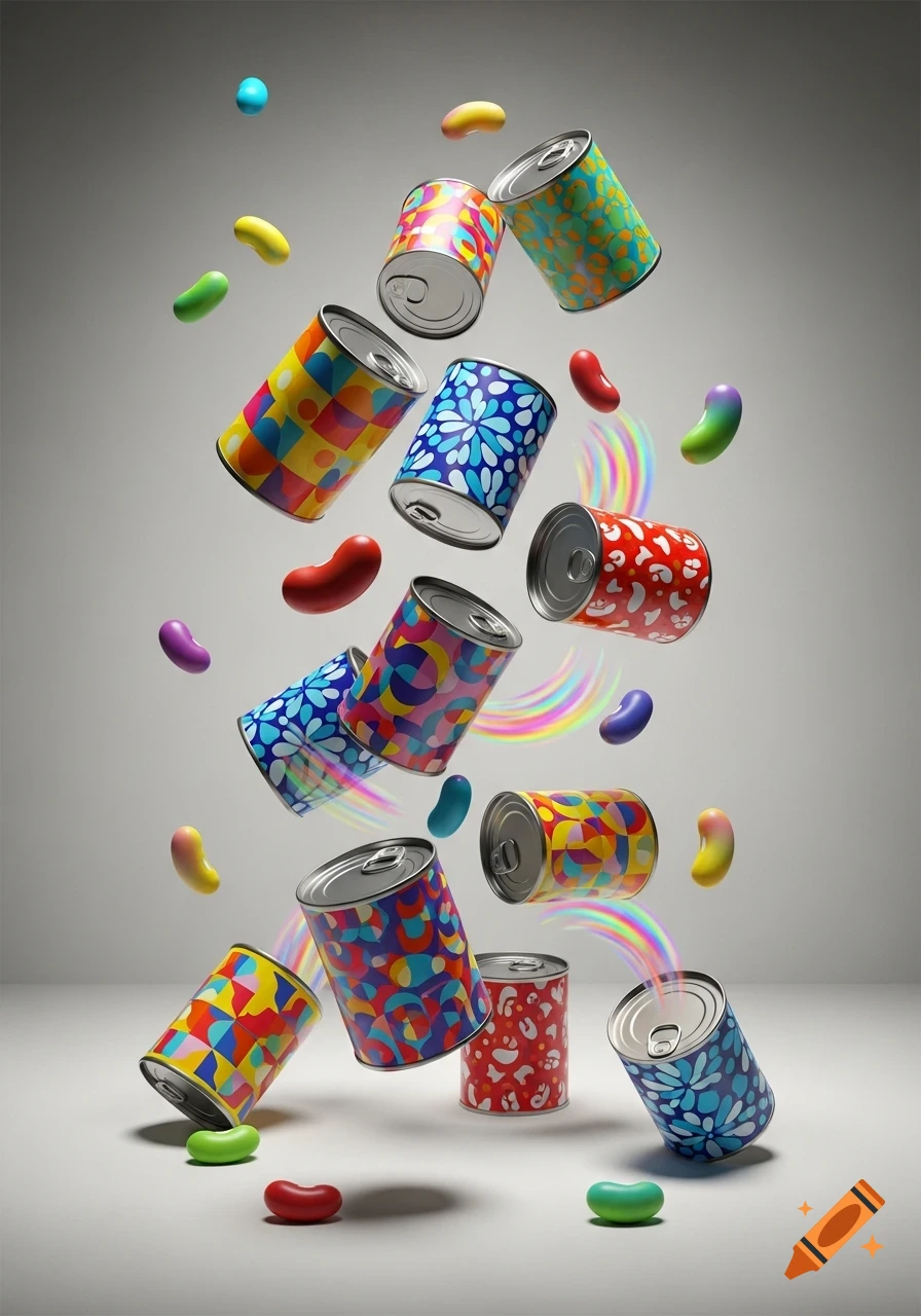 Colorful patterned cans and jelly beans fall and float against a ...