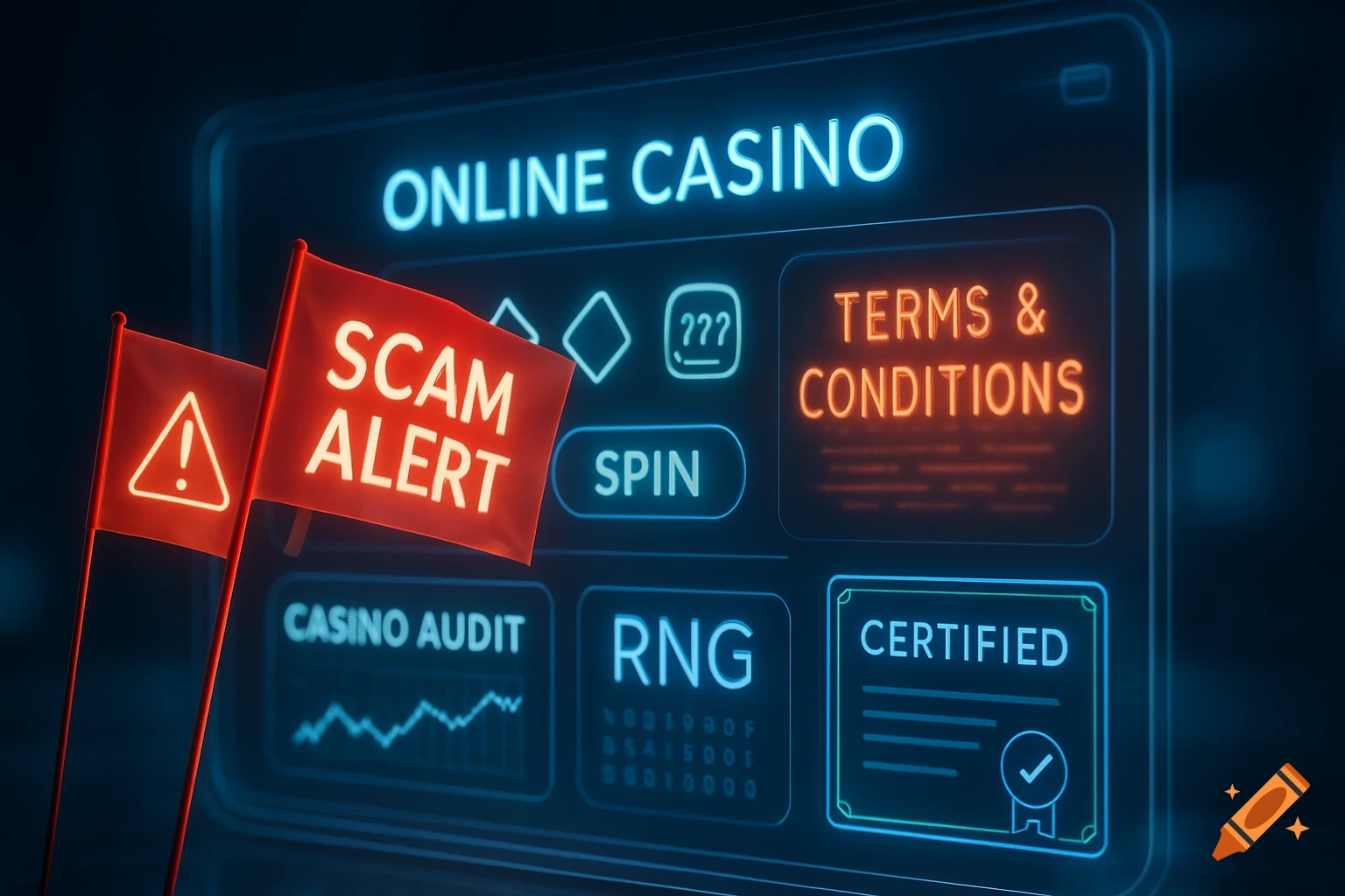 Digital illustration of an online casino interface with neon text, red ...