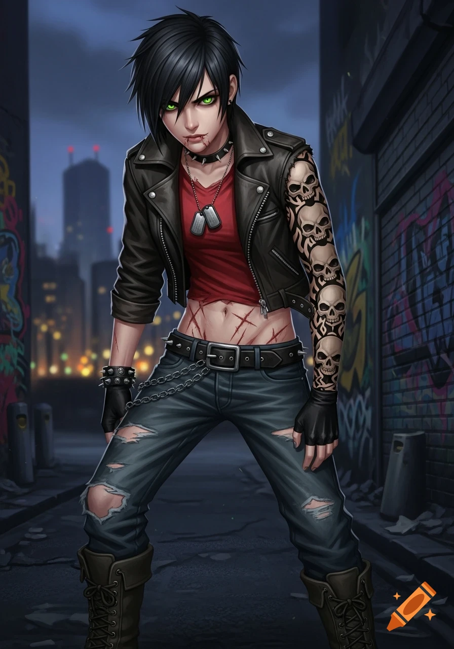 An edgy anime character with black spiked hair and green eyes, wearing ...