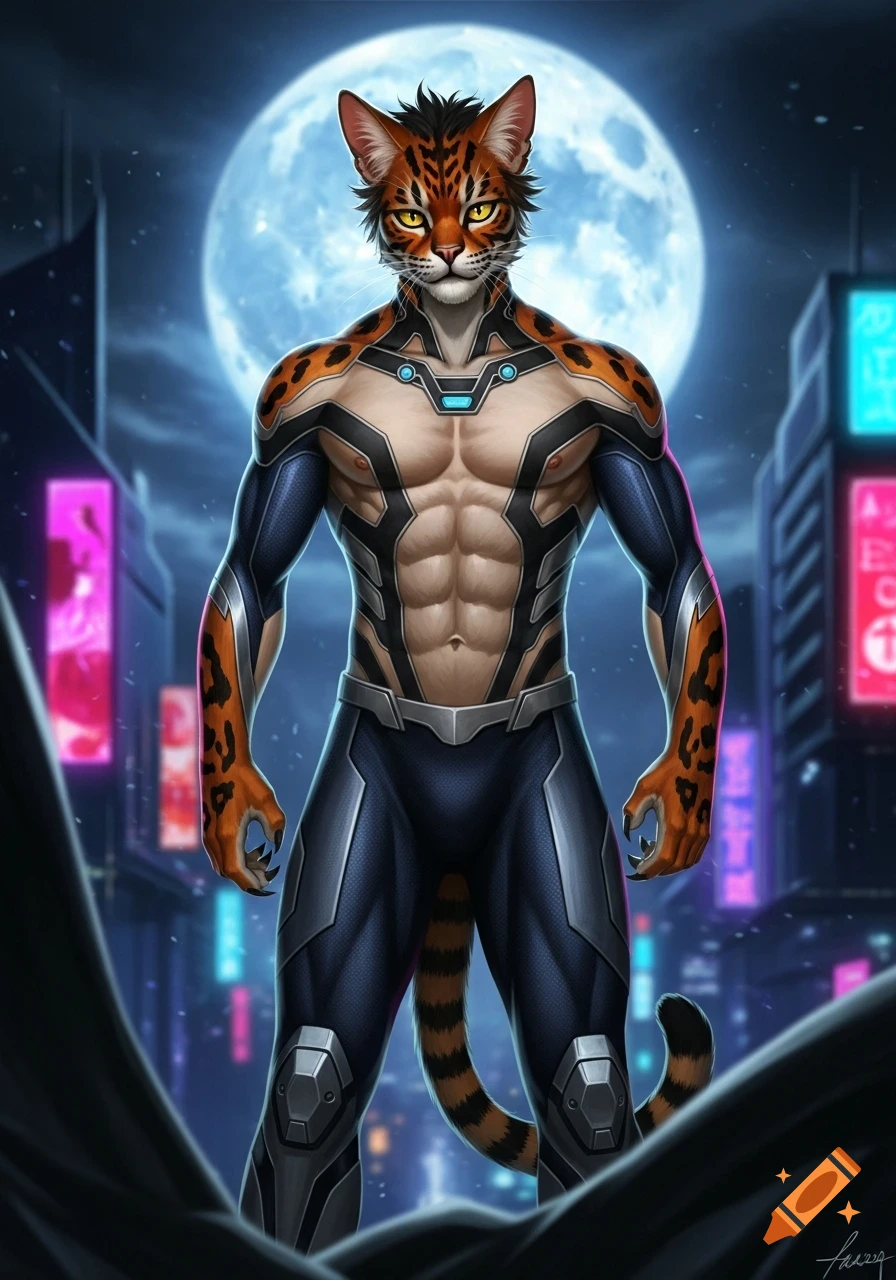 A muscular anthropomorphic bengal cat in a futuristic blue and black ...
