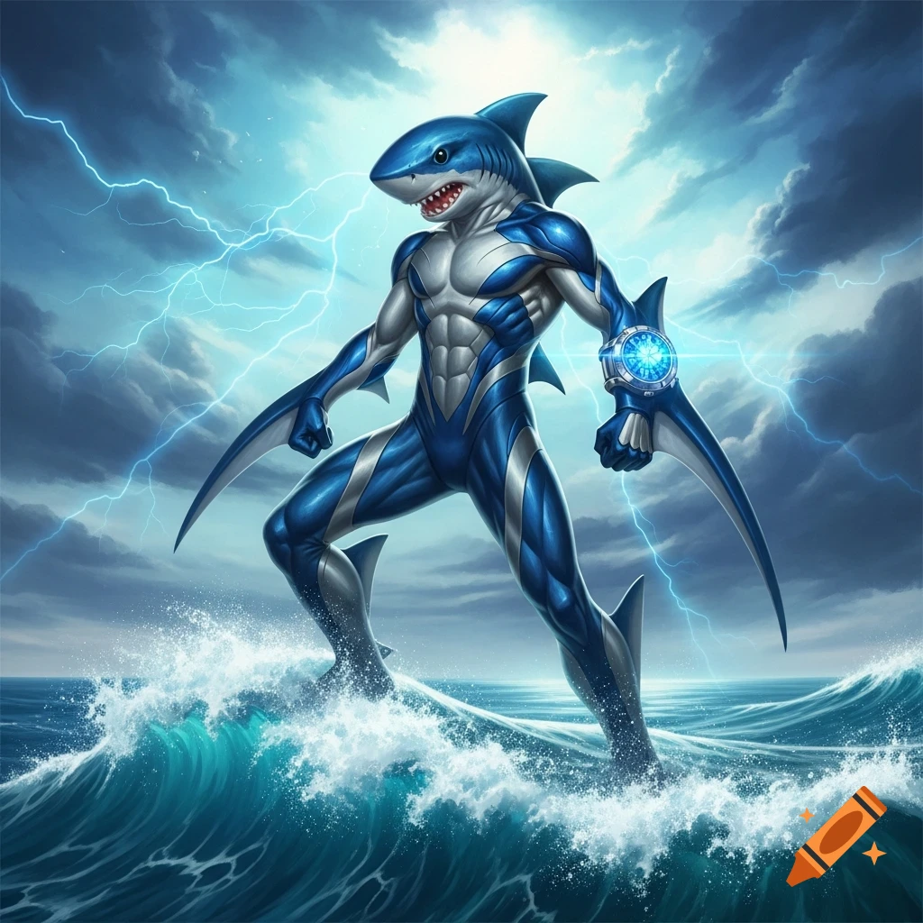 A muscular humanoid shark hero in a blue and silver suit stands on ...