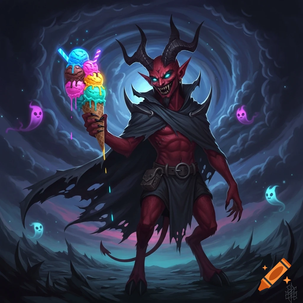 A grinning red demon with horns and a tattered cape holds a melting ...