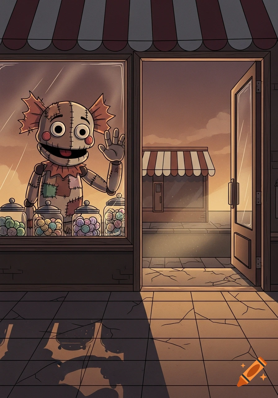A creepy patchwork puppet with big eyes waves from a candy store window ...