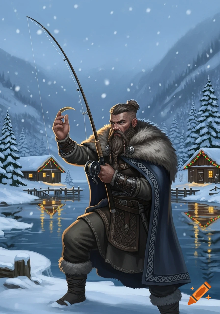 A bearded Viking man ice fishing in a snowy mountain landscape with ...