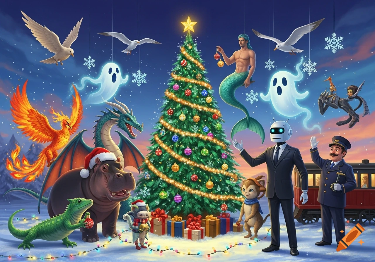 Diverse cartoon characters, including a hippo, robot, merman, dragon ...