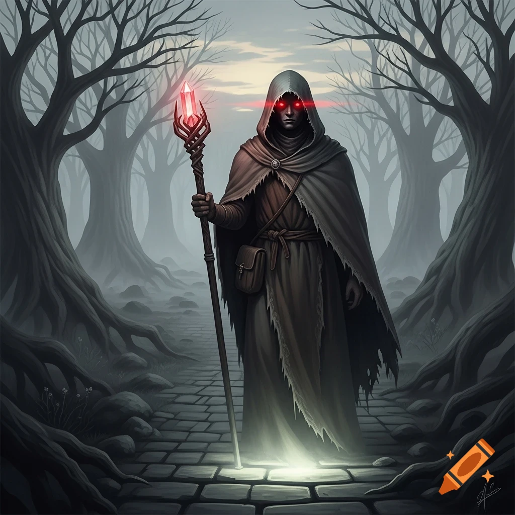A hooded figure with glowing red eyes and a glowing red crystal staff ...