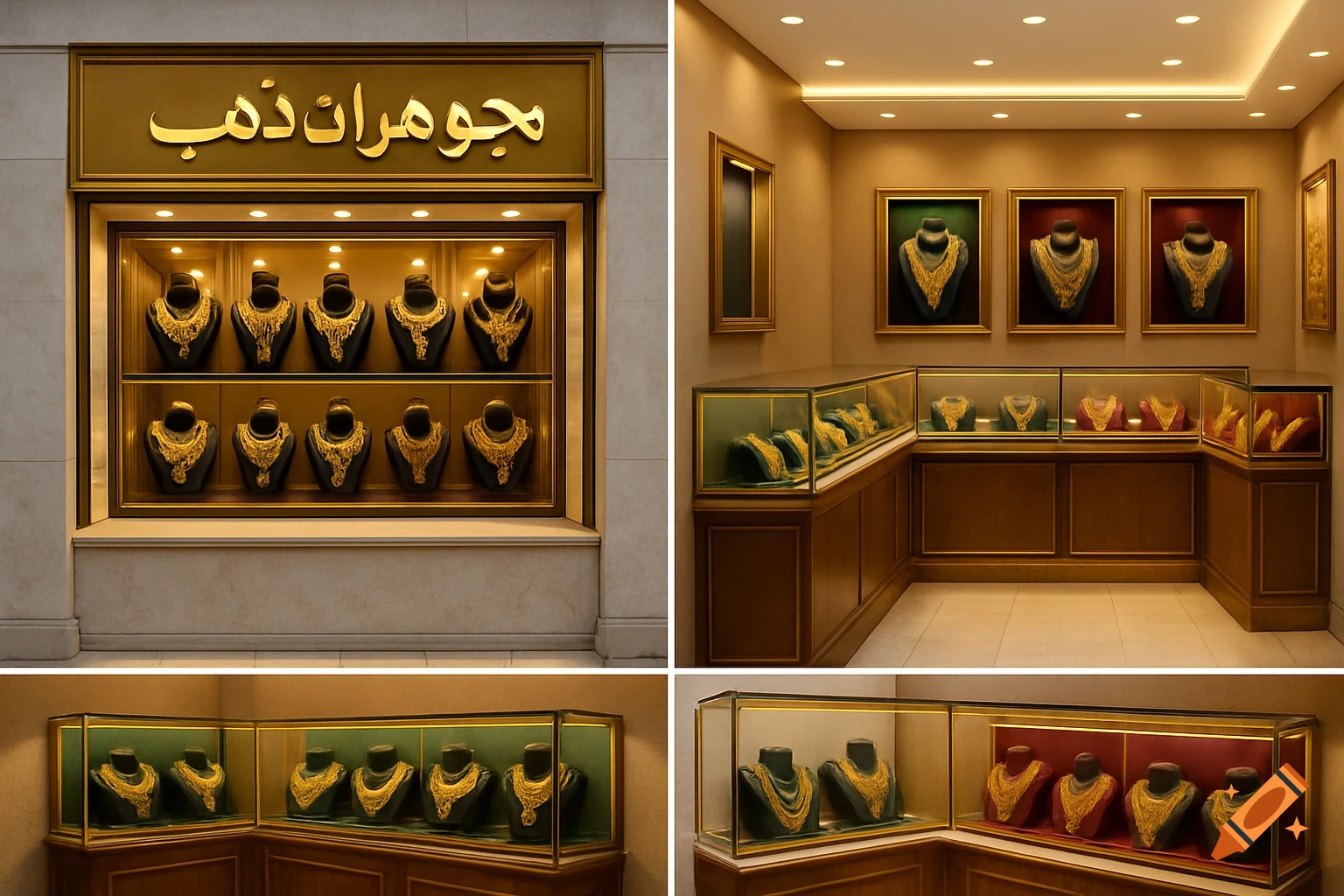 Photorealistic view of a luxurious gold jewelry store, showcasing gold ...