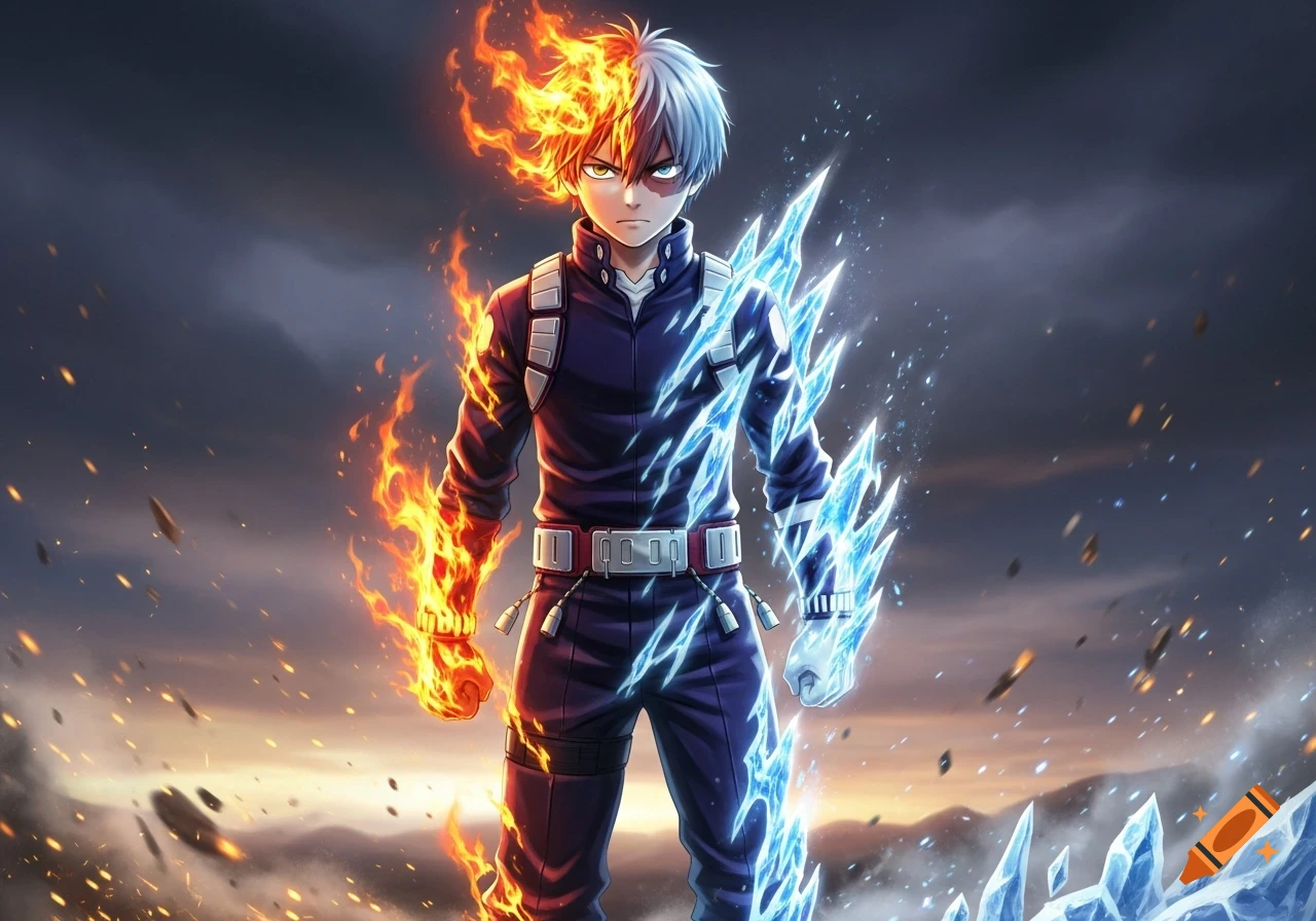 Anime character Todoroki with fire on his left and ice on his right ...