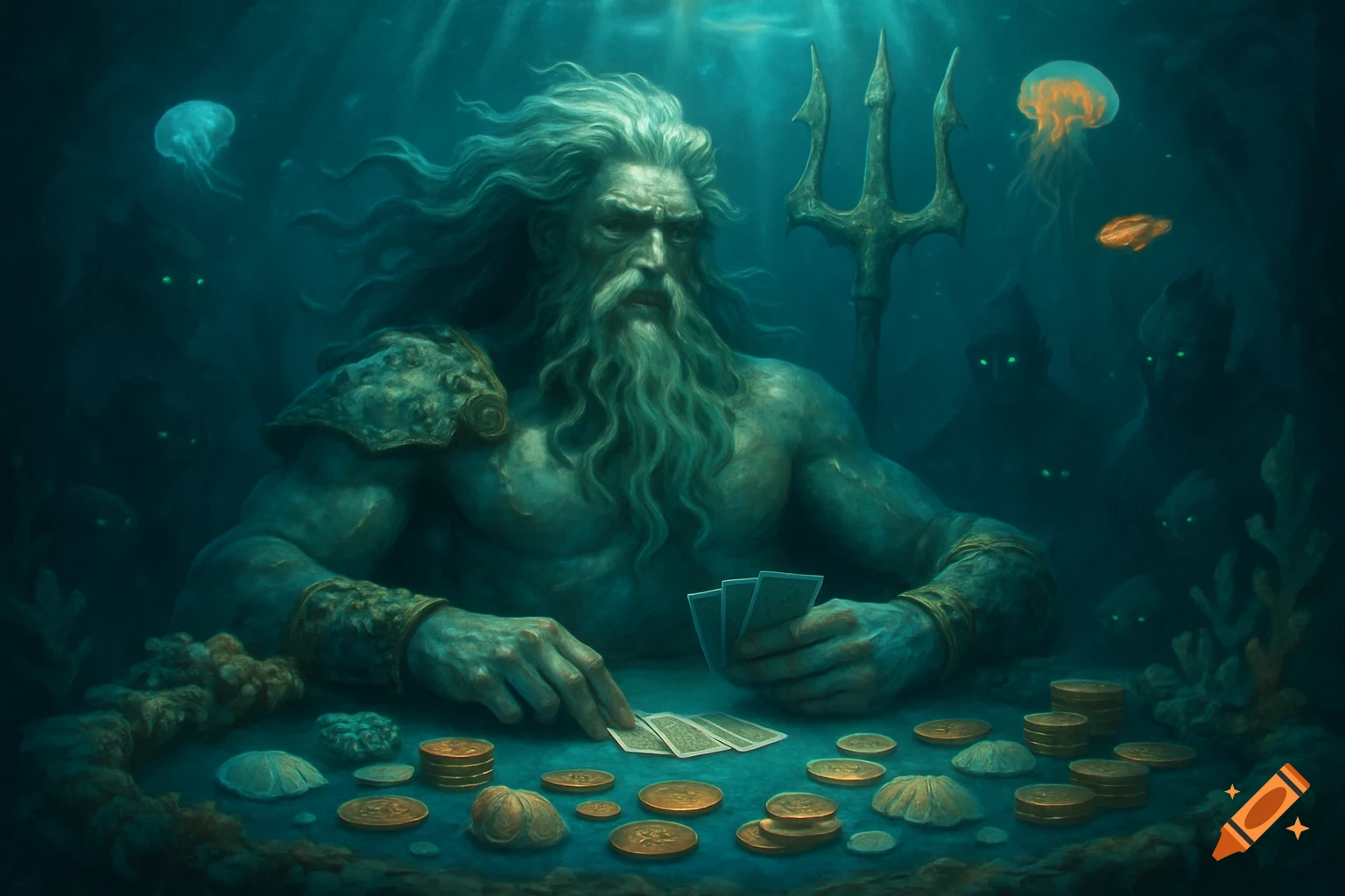 Poseidon with a long beard plays poker underwater with coins and shells ...
