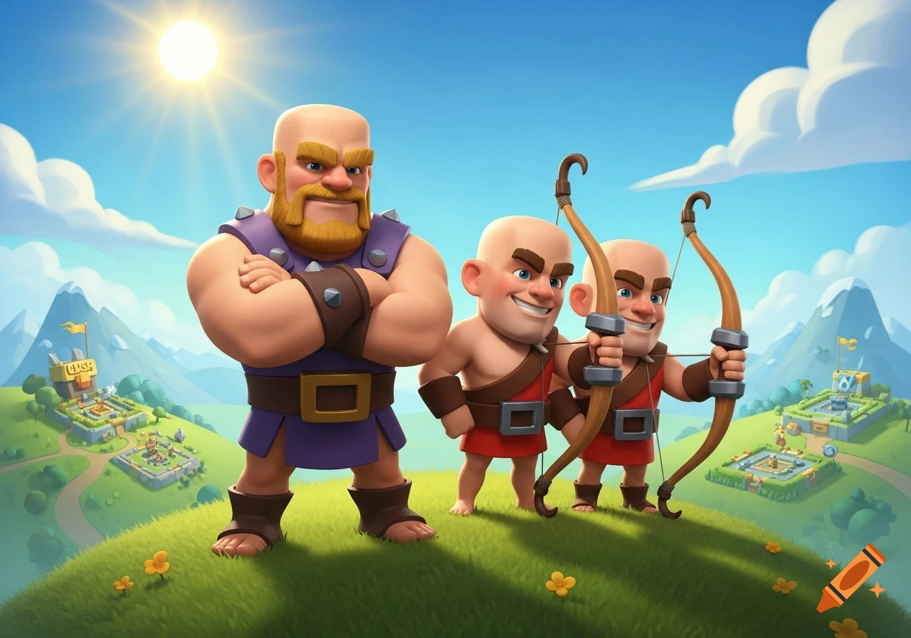 Clash Royale barbarian and two archers stand on a grassy hill with a ...