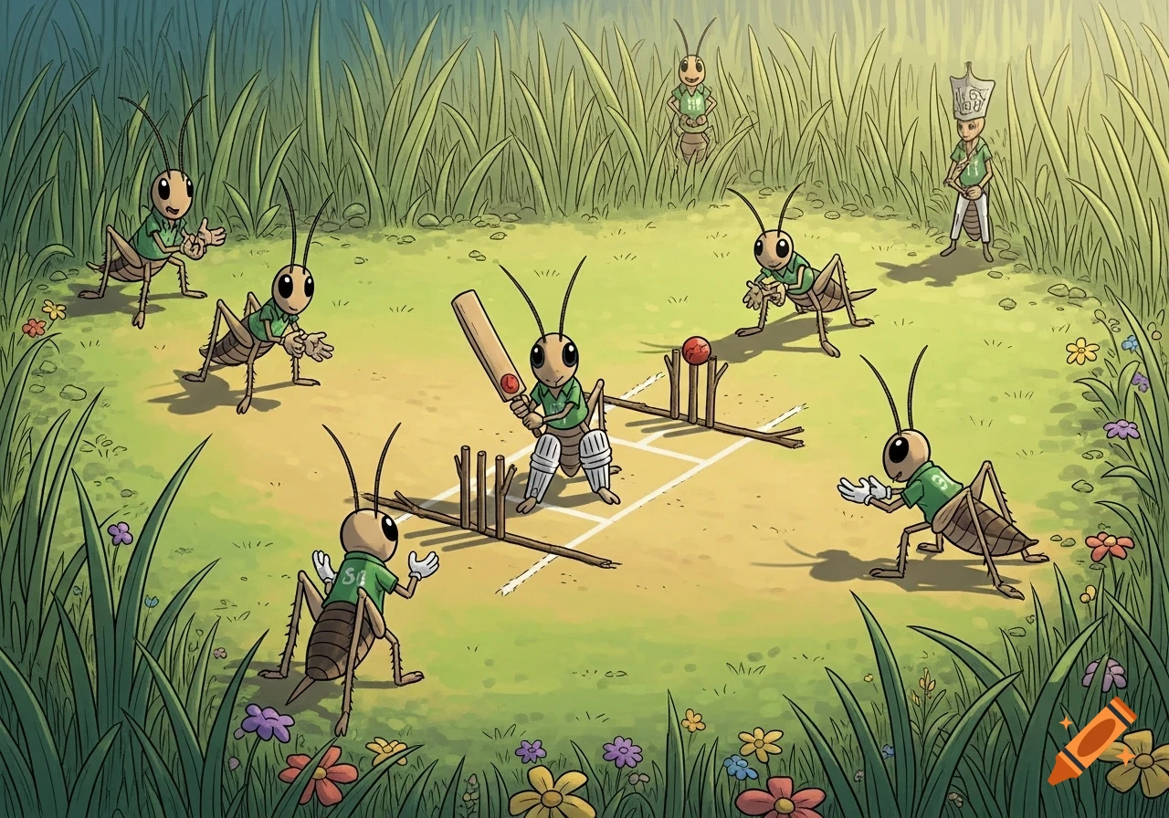 A cartoon illustration of anthropomorphic crickets playing cricket on a ...