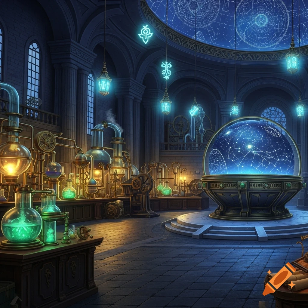 A grand fantasy alchemy laboratory hall with glowing beakers ...