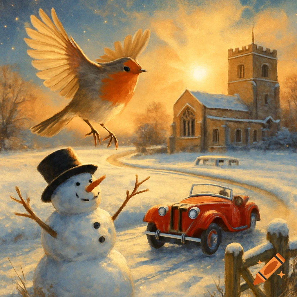 A painterly scene of a robin flying over a snowy field with a snowman ...