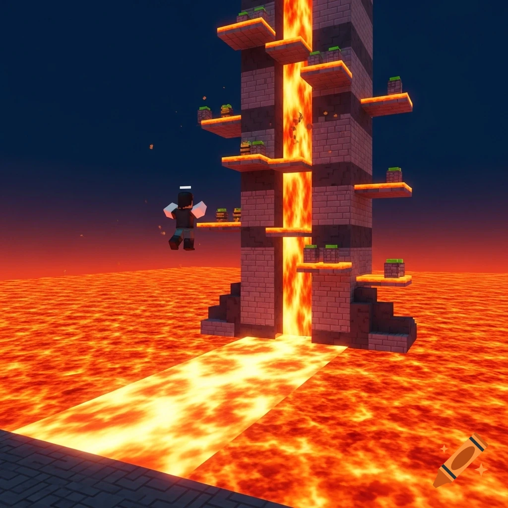 A blocky character in a game world jumps over a sea of lava towards a ...