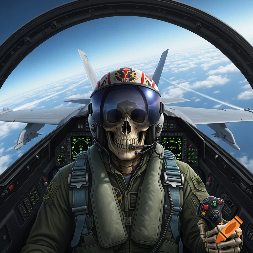 A skeleton wearing a US military pilot's uniform and helmet is seated ...