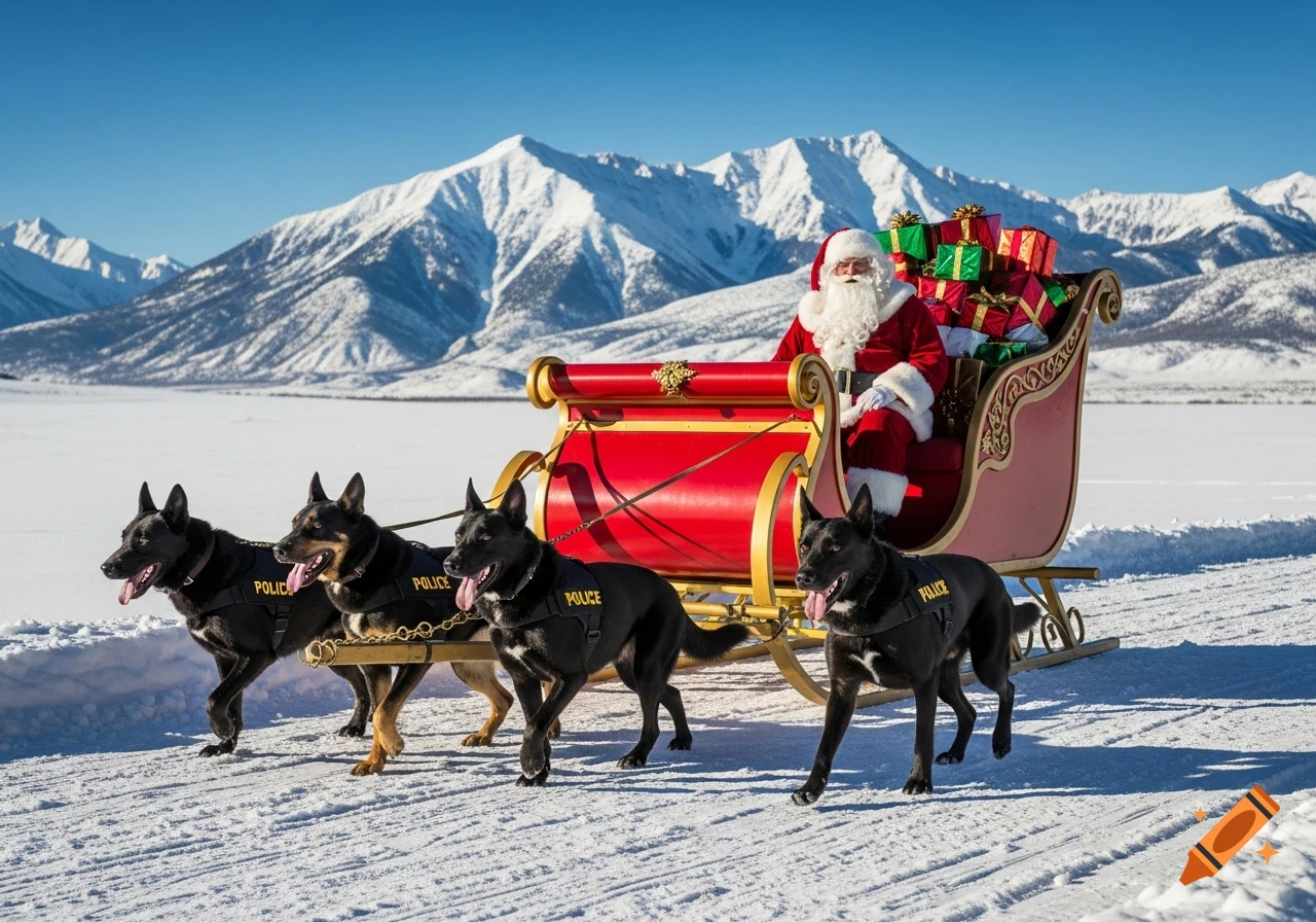 Santa Claus in a red sleigh filled with gifts, pulled by four police ...
