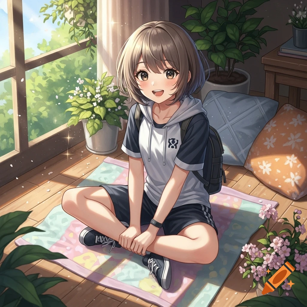 An anime girl with a bob cut, wearing a hoodie and shorts, sits cross ...