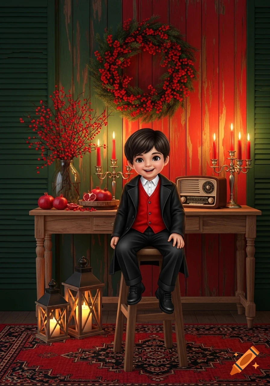 A cute boy in a black coat and red vest sits on a stool in a festive ...