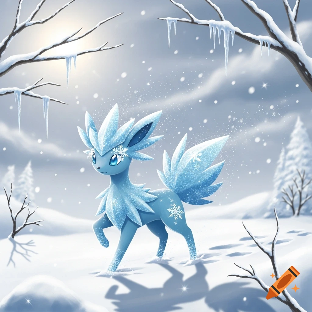 A cute, blue, ice-themed Pokémon-like creature stands in a snowy winter ...