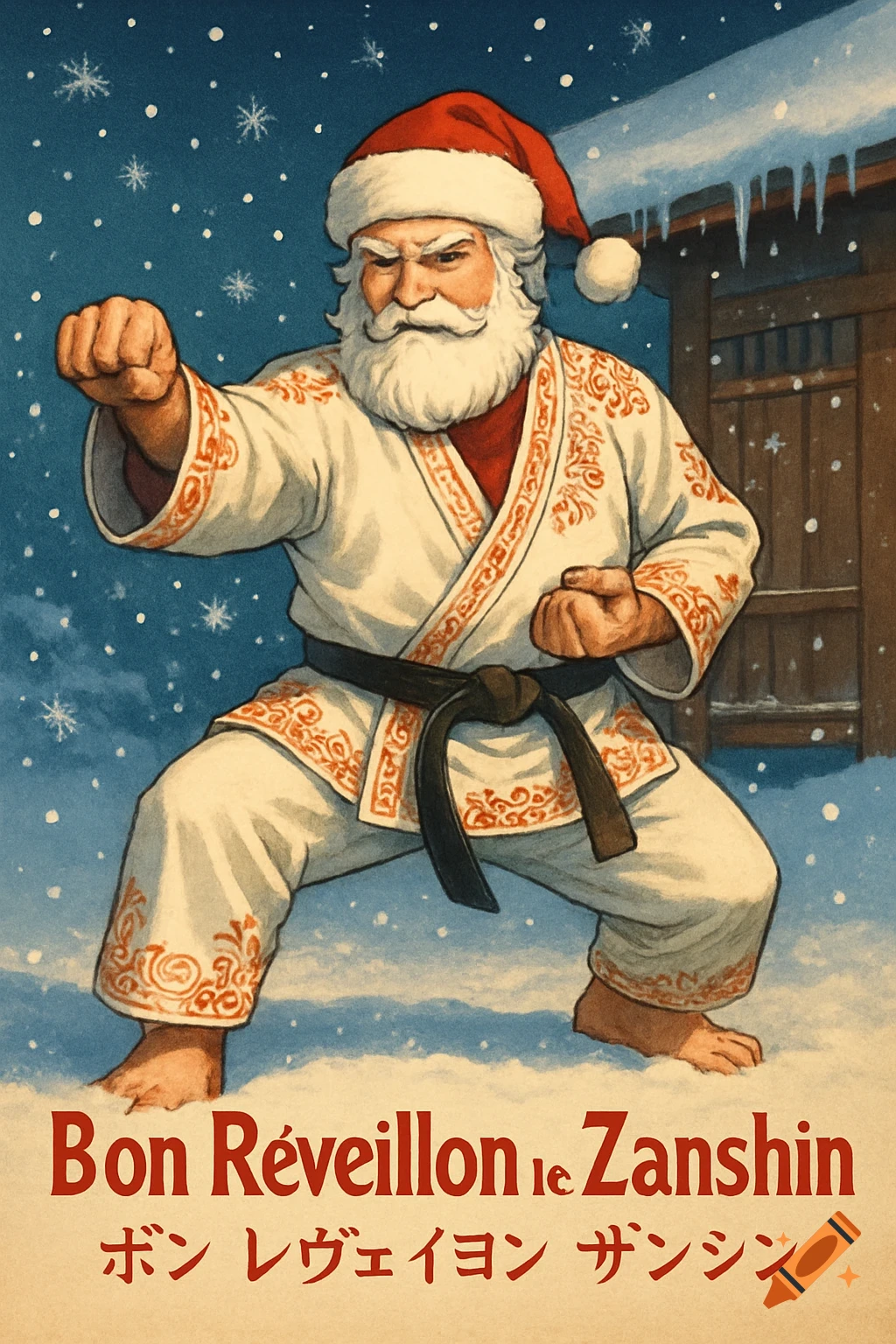 An illustrated Santa Claus in a karate gi and black belt stands in a ...