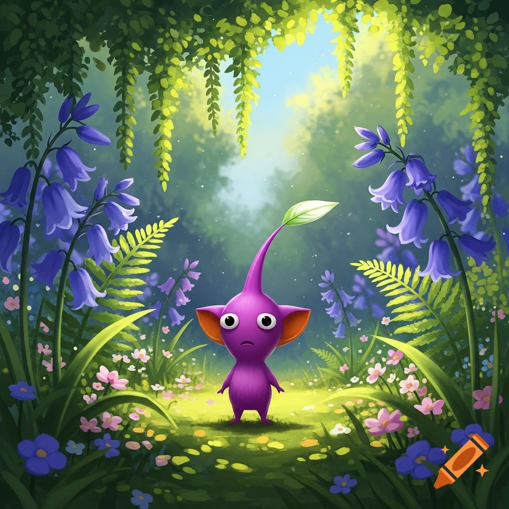 A sad purple Pikmin character with large ears and a leaf stem on its ...
