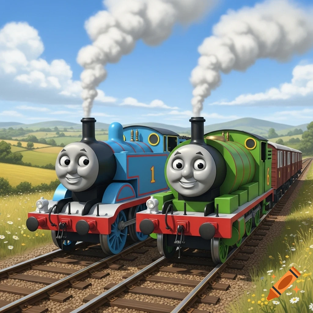 Thomas and Percy the trains smile on parallel tracks in a sunny, grassy ...