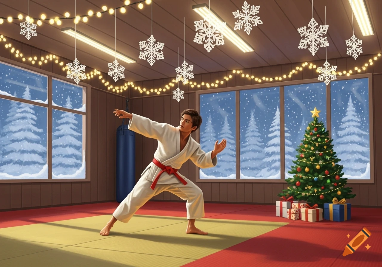 Illustrated man in a judo gi poses in a Christmas-decorated dojo with a ...
