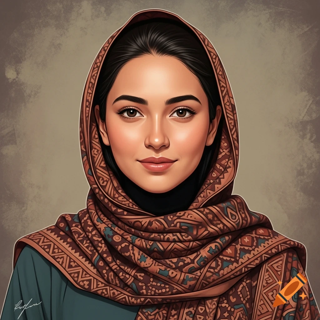 A stylized portrait of a young woman with dark hair and brown eyes ...