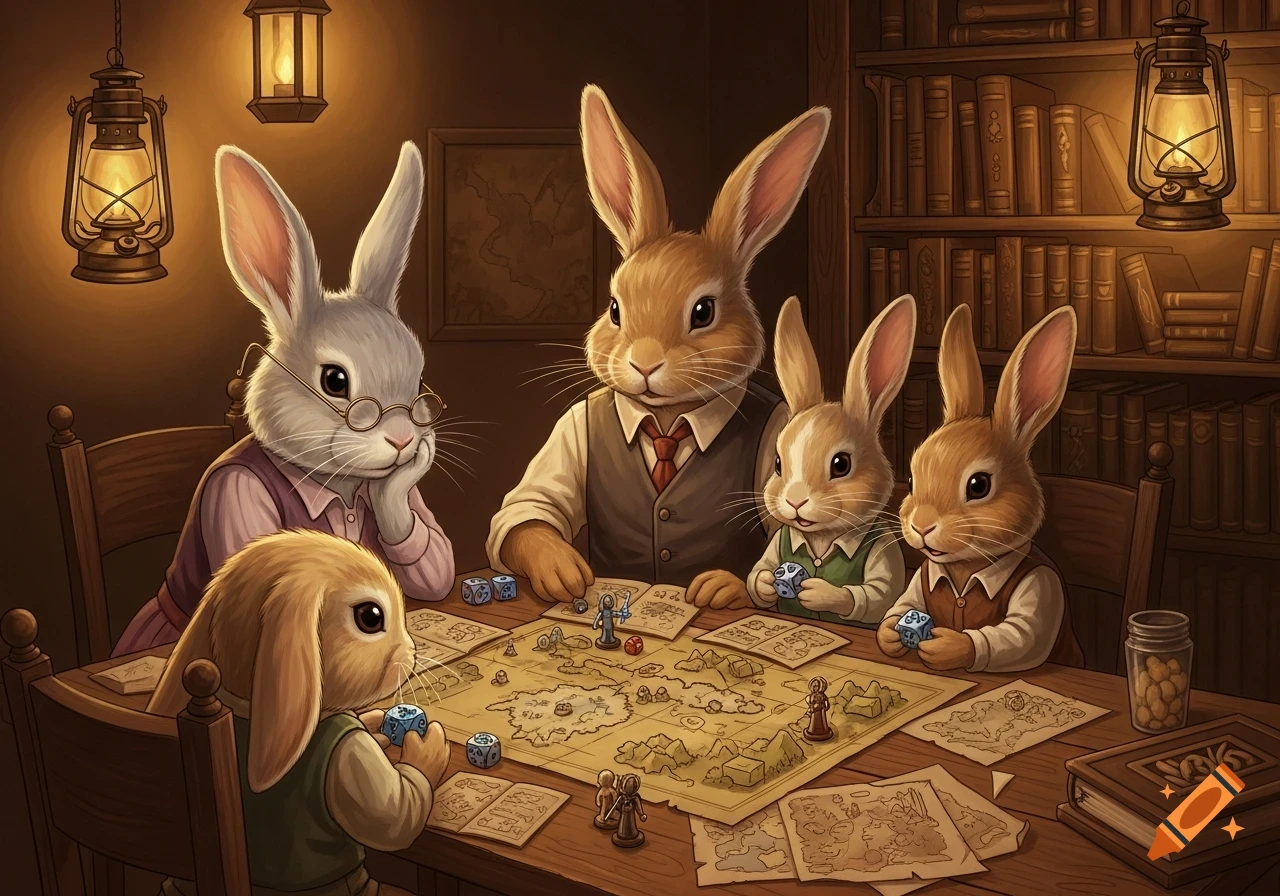 A family of anthropomorphic rabbits, including adults and children ...