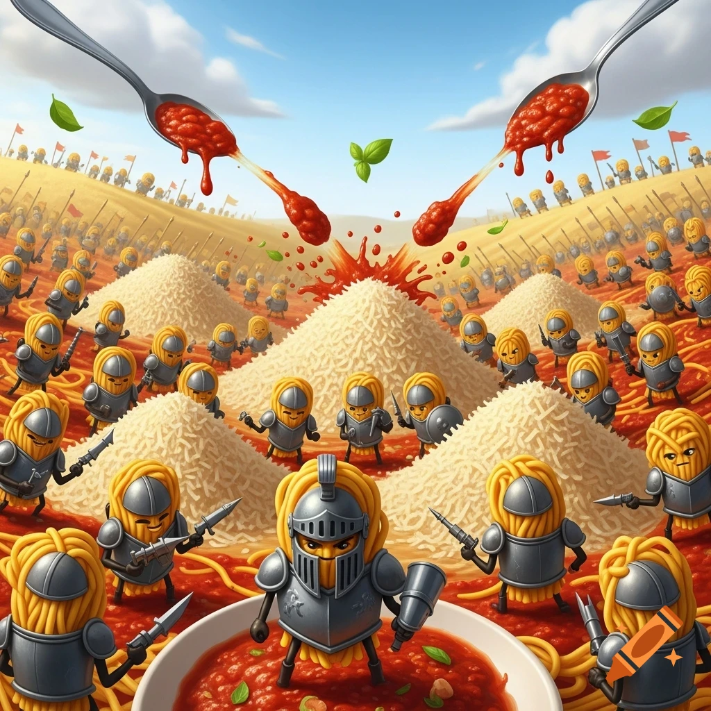 Cartoon pasta knights in armor battle on a parmesan cheese and tomato ...