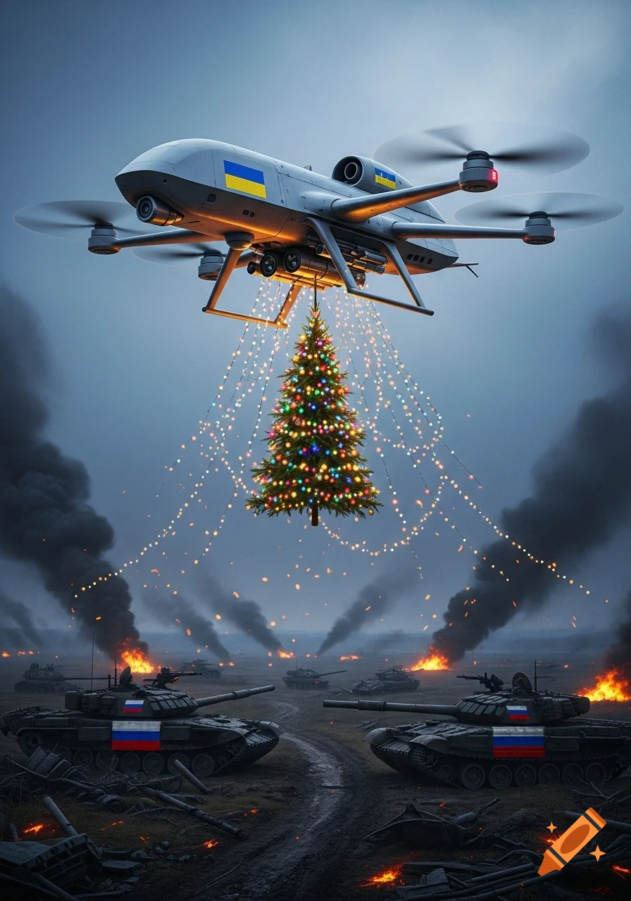 A military drone with a Ukrainian flag flies, carrying a festive ...
