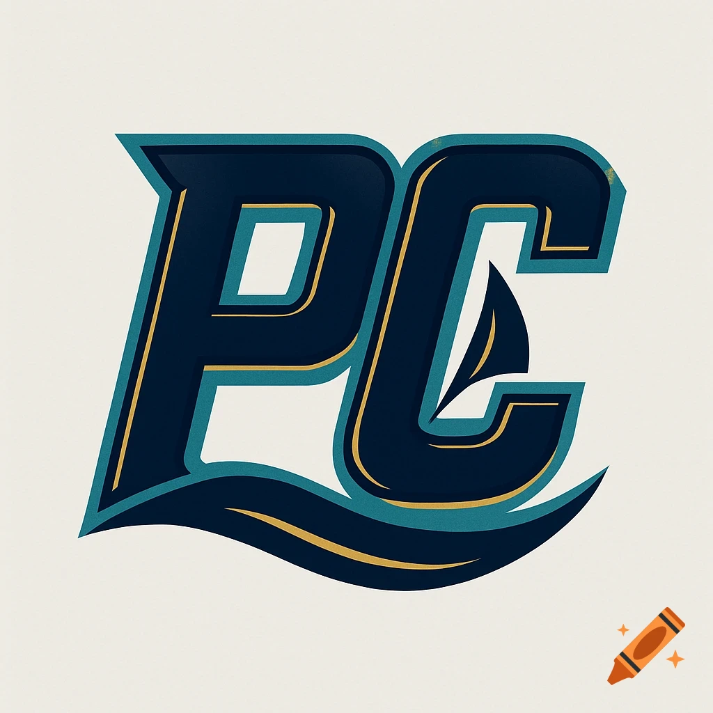 Dark blue and teal lettermark logo with gold outline for 'PC ...