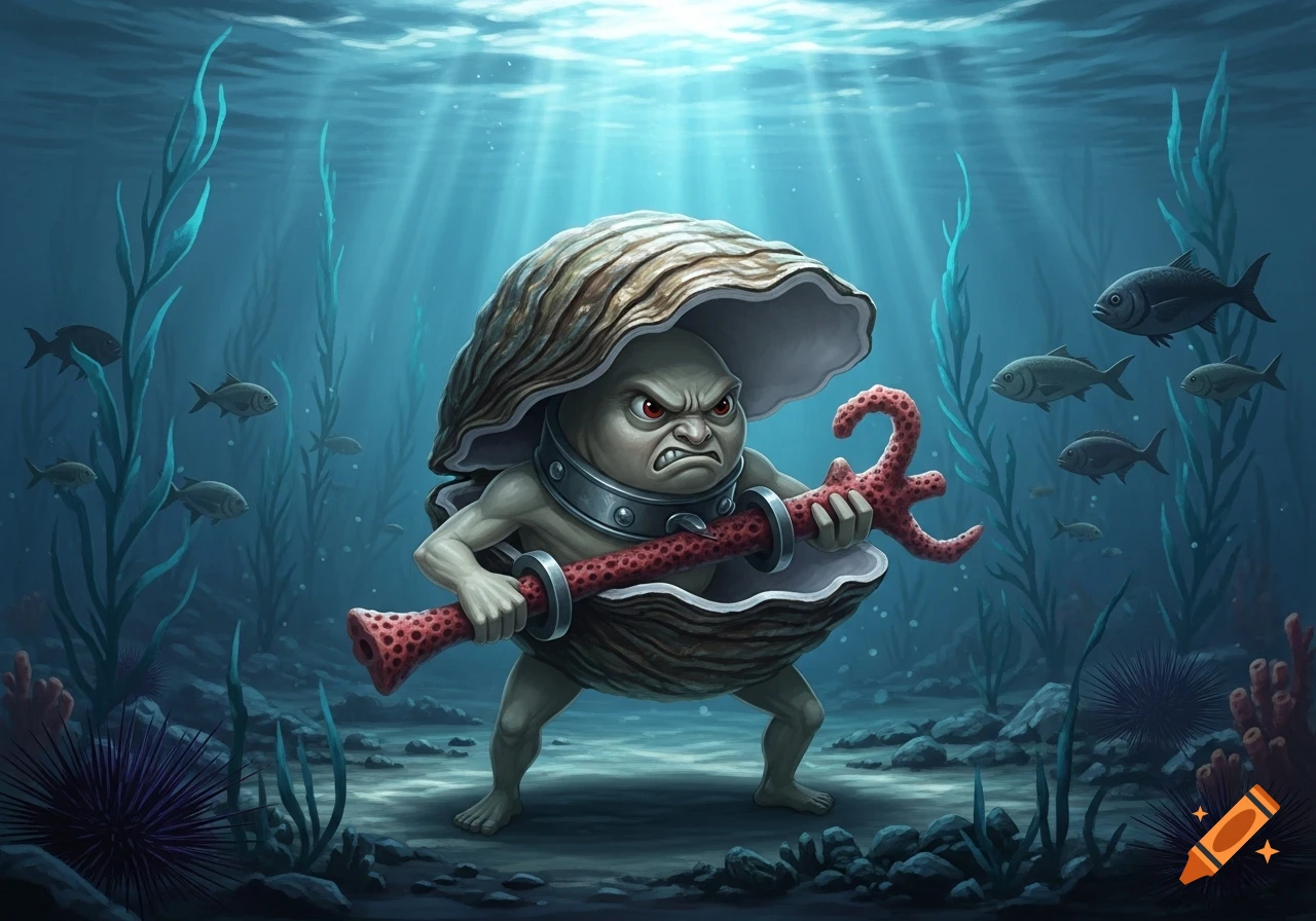 An angry anthropomorphic oyster in a shell, holding a red coral weapon ...