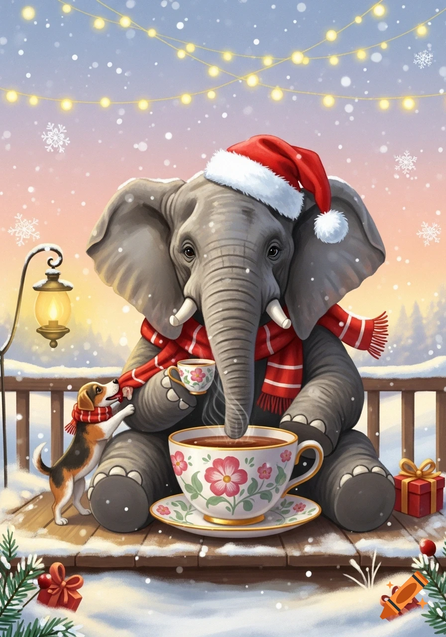 A festive elephant in a Santa hat and red scarf drinks tea with a ...