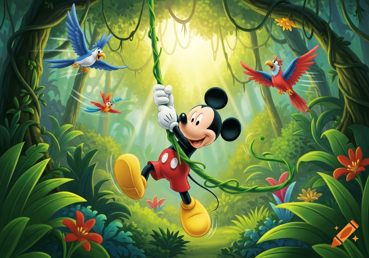 Mickey Mouse swings from a green vine in a vibrant jungle, surrounded ...