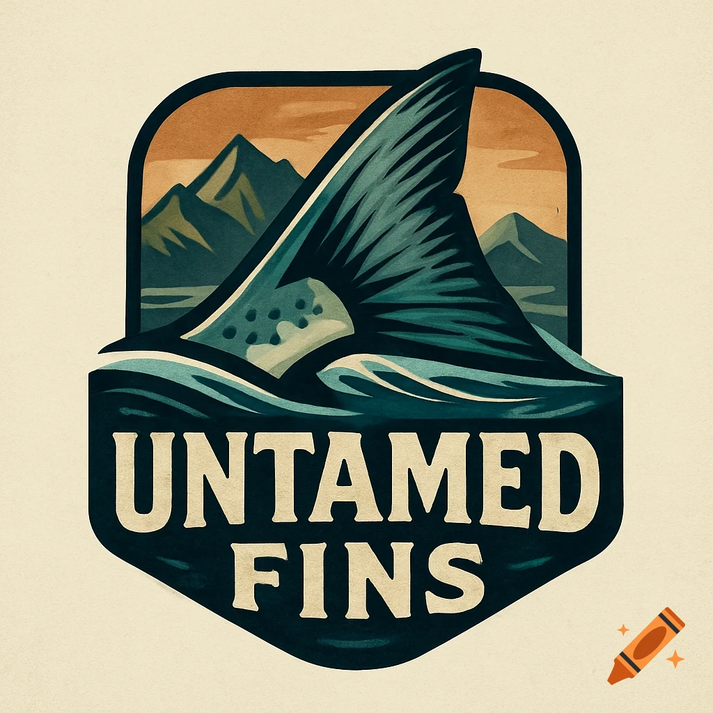 A rugged logo featuring a stylized fish fin emerging from waves with ...