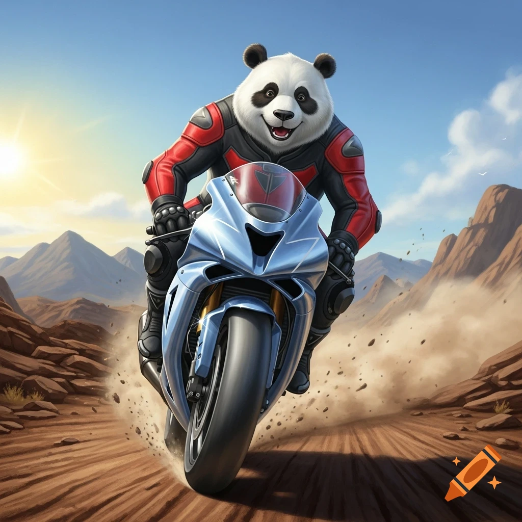 A anthropomorphic panda in a red and black racing suit rides a blue and ...