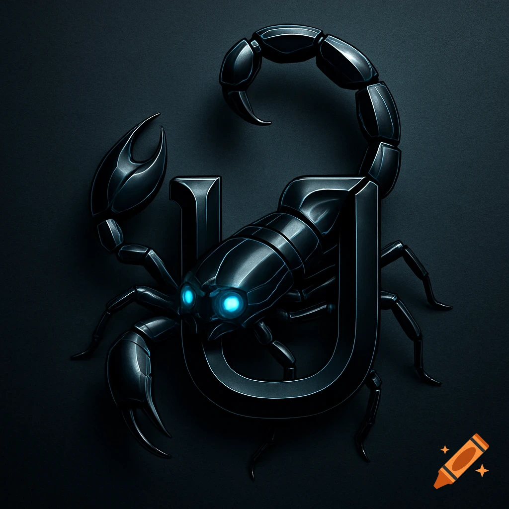 A black metallic scorpion with glowing blue eyes, its body forming a ...