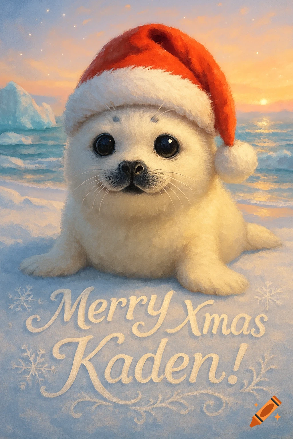 Cute baby seal wearing a Santa hat on snow with "Merry Xmas Kaden ...