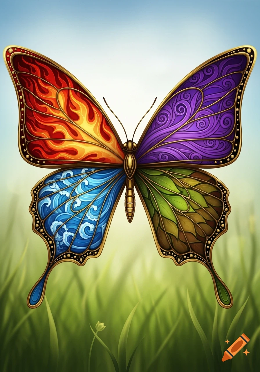 A vibrant, stylized butterfly with wings split into four elements: red ...
