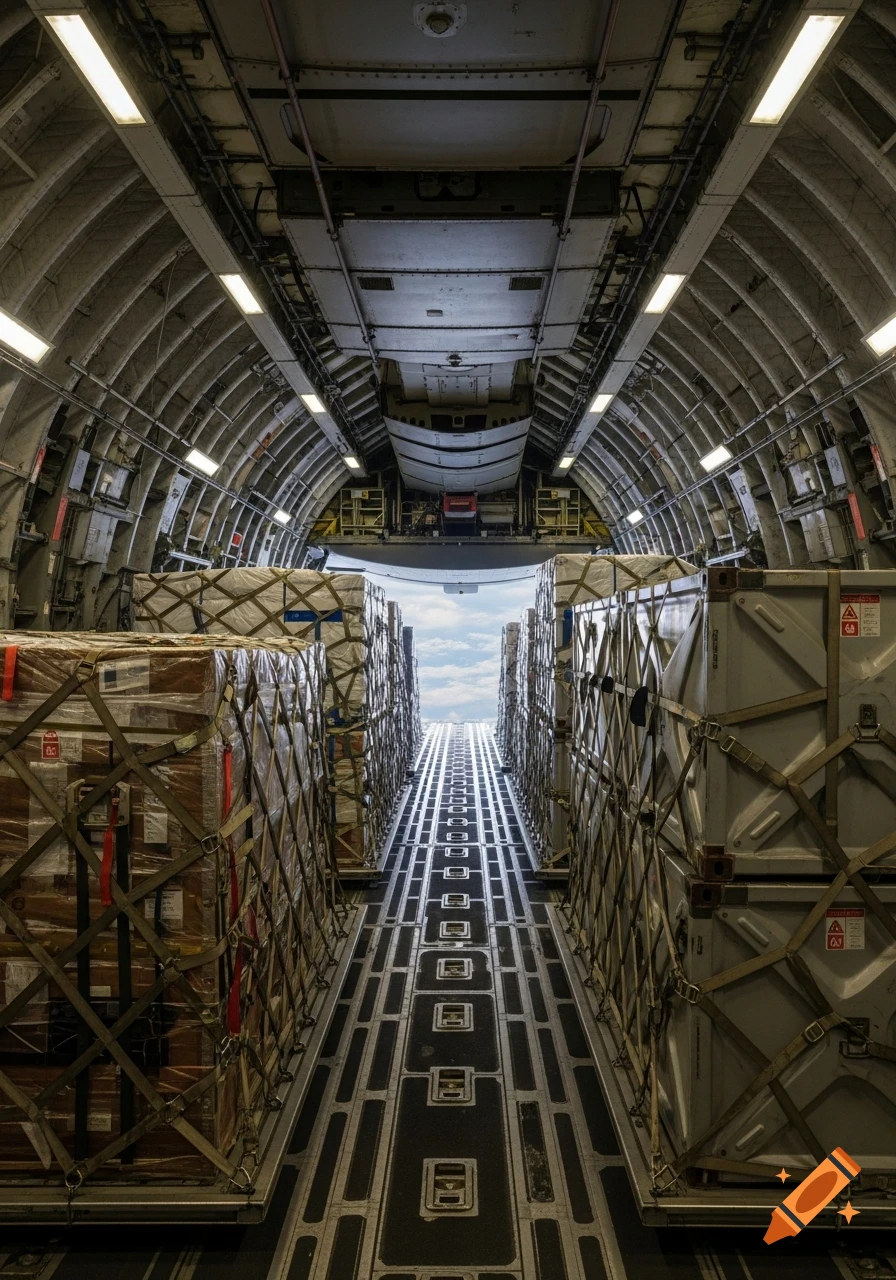 Interior of a large cargo plane filled with freight, looking towards ...