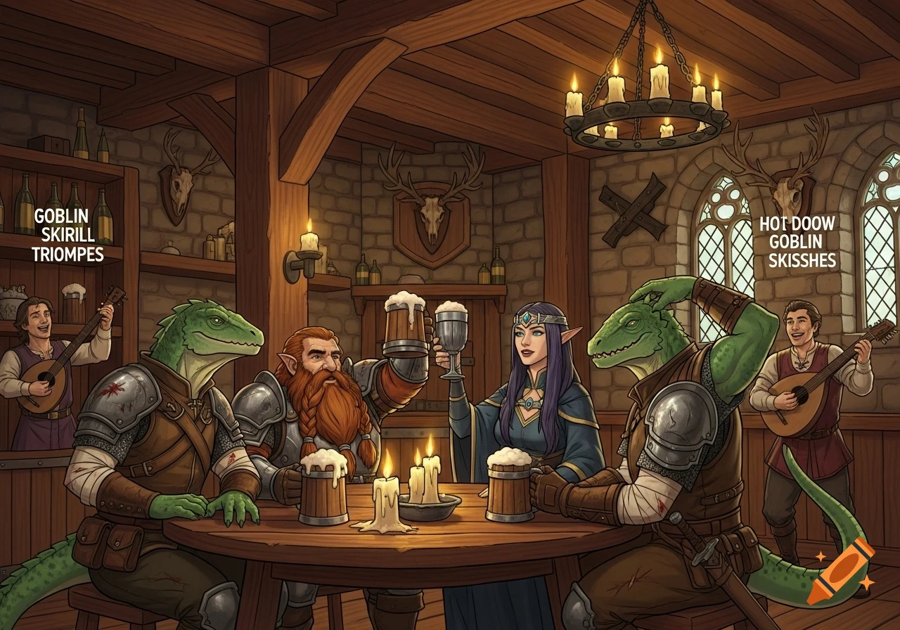 Fantasy characters, including a dwarf, an elf, lizardmen, and humans ...