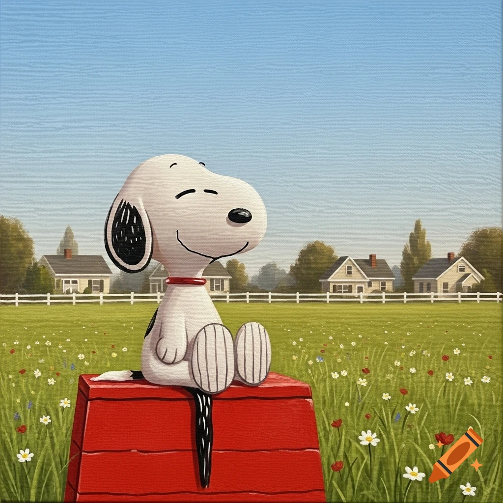Snoopy sits on his red doghouse in a green field with wildflowers ...
