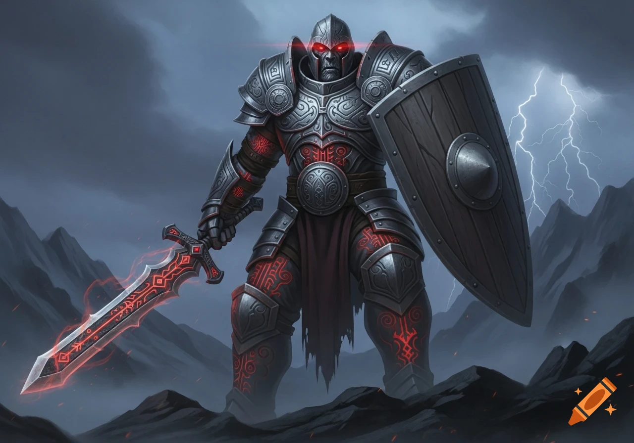 A heavily armored stone giant with glowing red eyes and runes stands ...