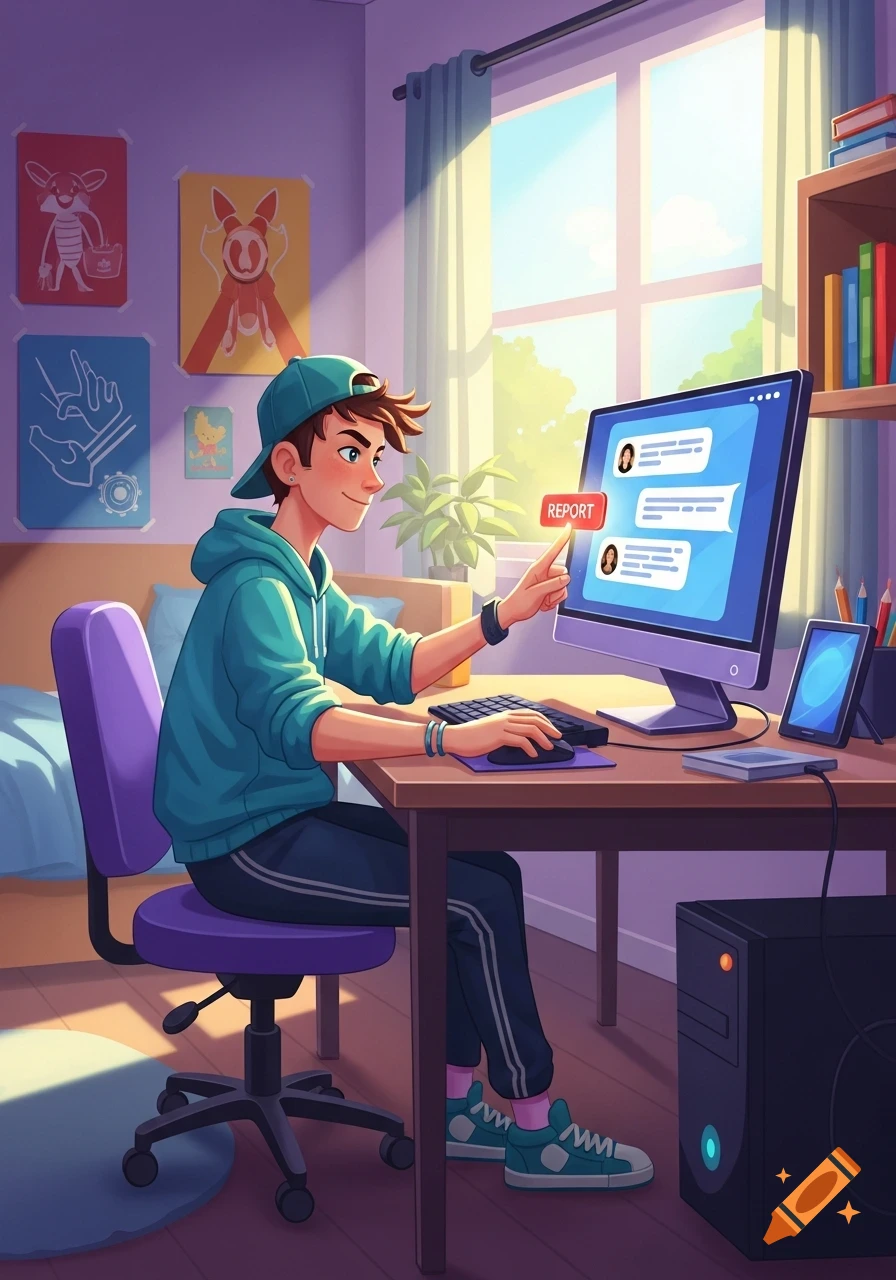 A cartoon teen in a cap and hoodie sits at a desk, pointing at a ...