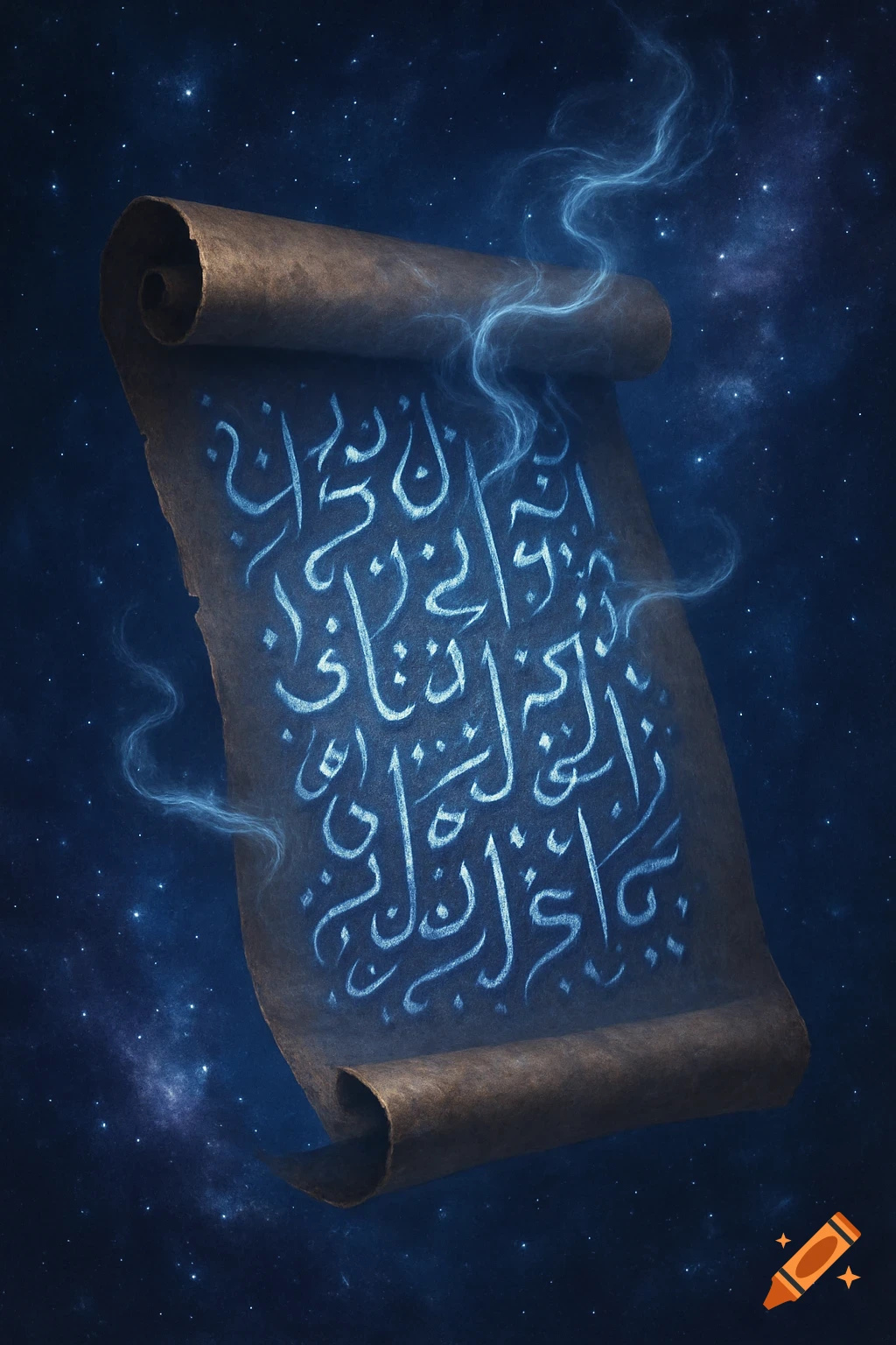 An ancient parchment scroll with glowing blue alien script floats in a ...